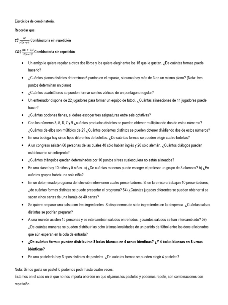 Ejercicios de Combinatoria | PDF | Combinatoria