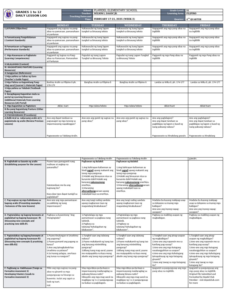 DLL - Filipino 6 - Q4 - W2 | PDF