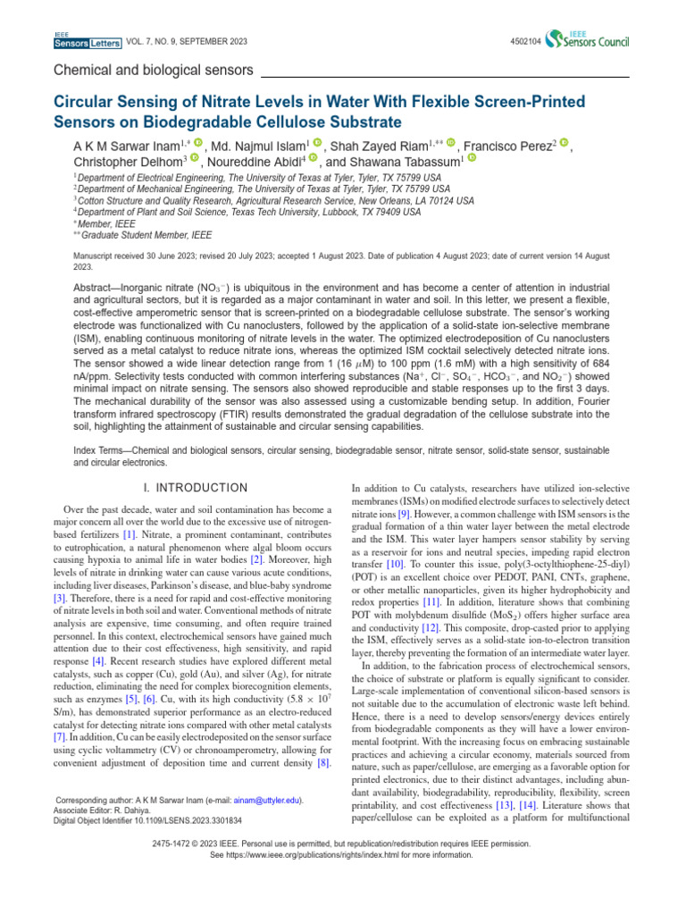Circular Sensing of Nitrate Levels in Water With Flexible Screen ...