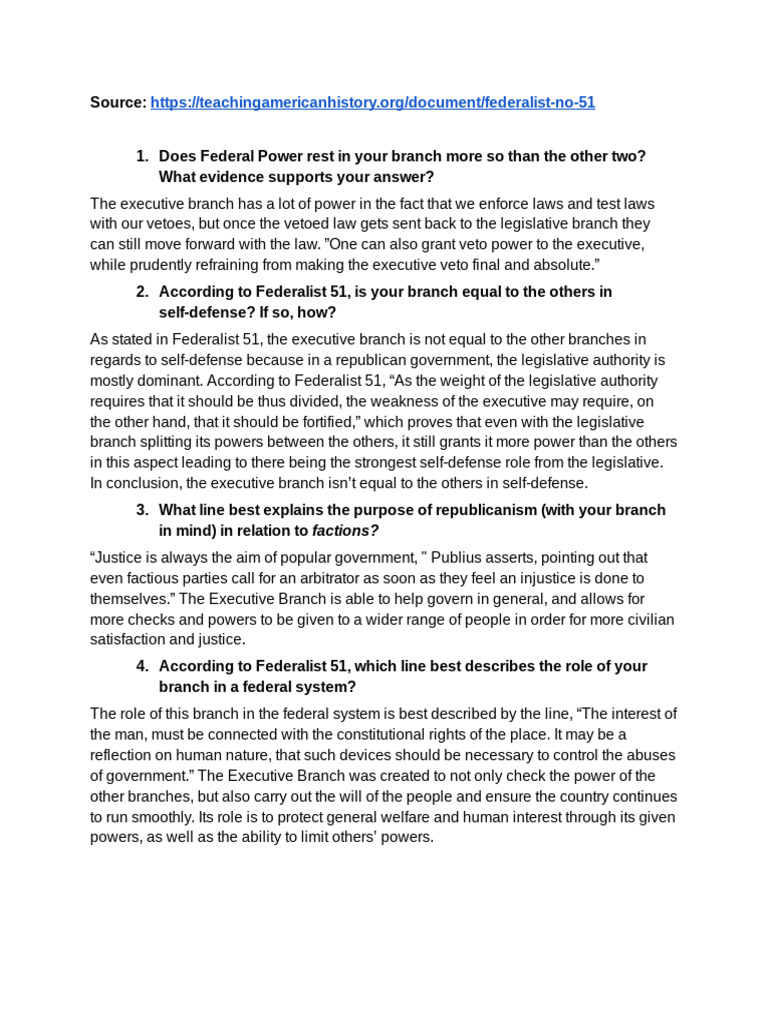 Federalist No. 51: Executive Branch Insights | PDF