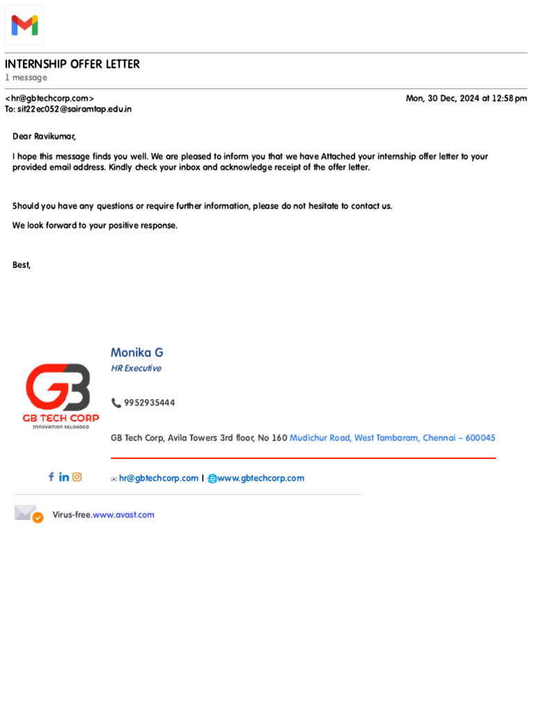 Ravikumar M Gmail - INTERNSHIP OFFER LETTER | PDF