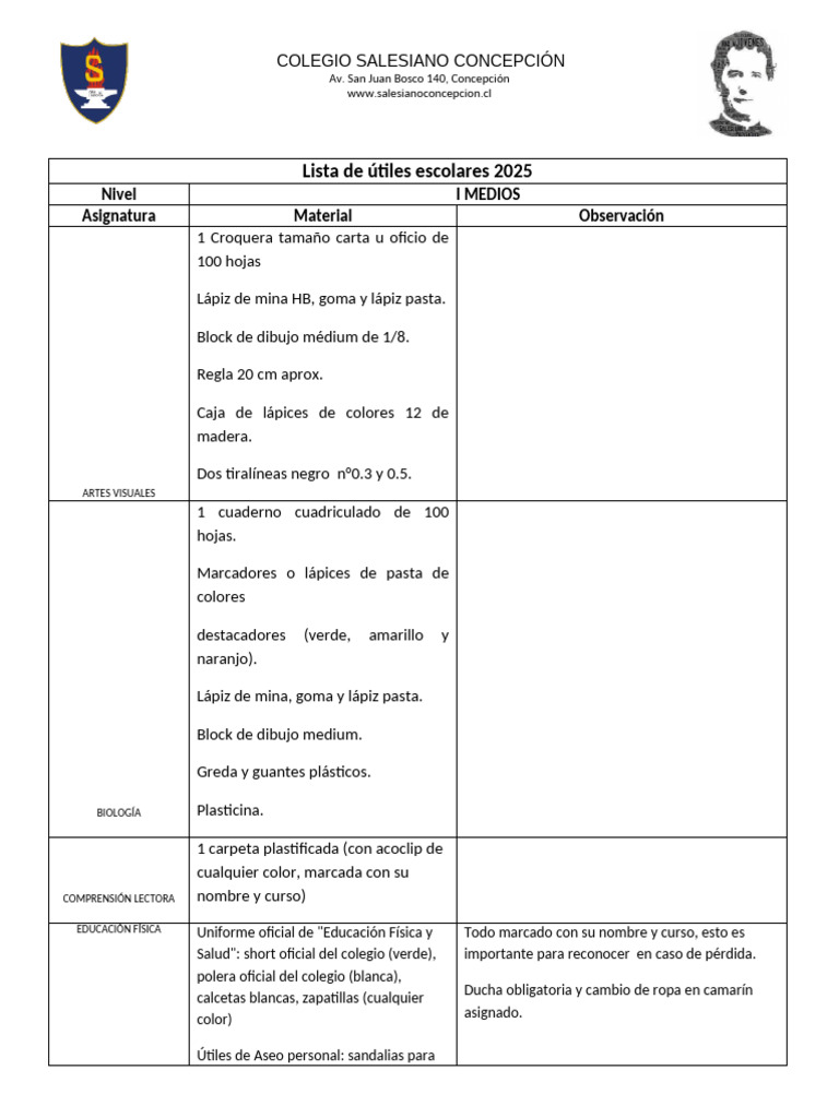 I MEDIOS - Lista de Tiles Escolares 2024 | PDF | Lápiz | Implementos de escritura