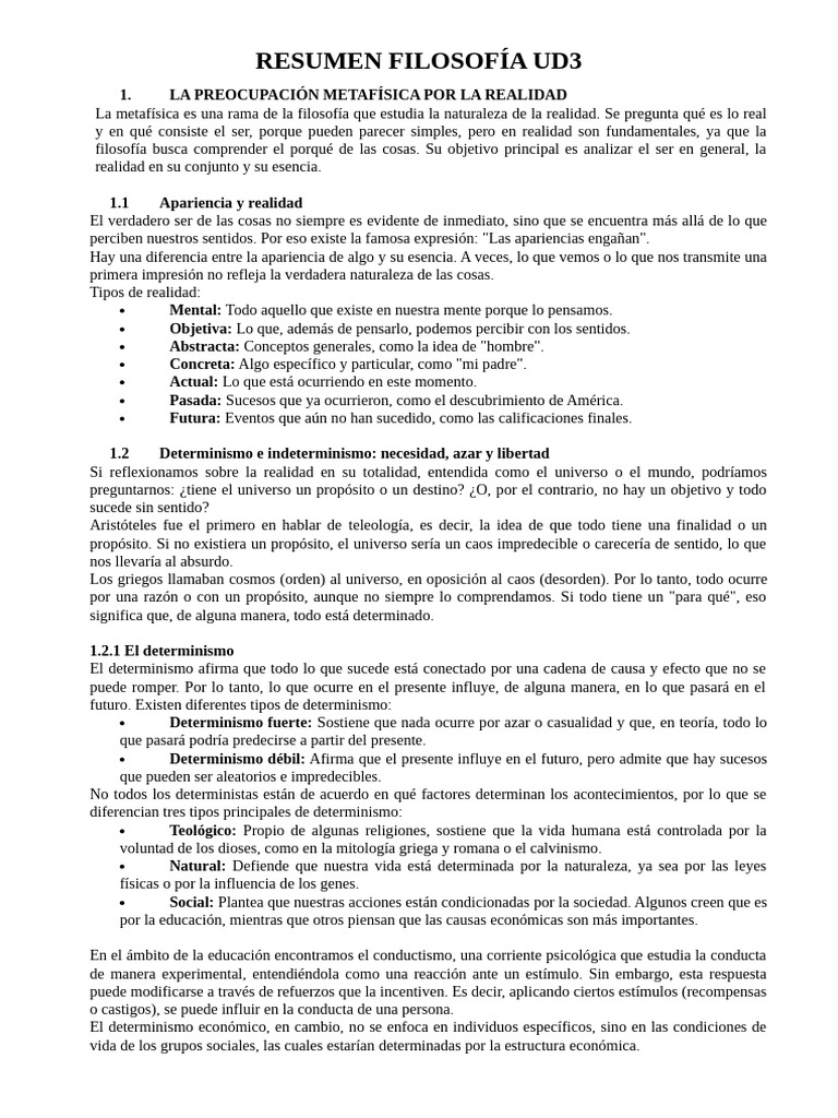 Resumen Filosofía Ud3 | PDF | Determinismo | Realidad