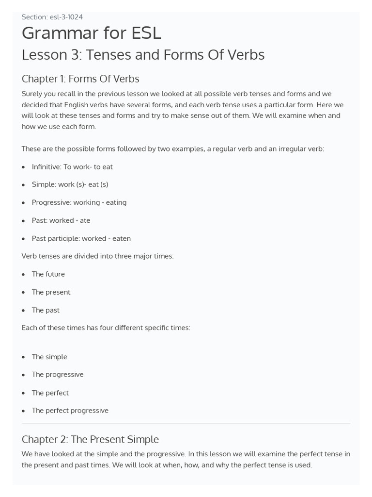 Grammar For ESL - Lesson 3 - Tenses and Forms of Verbs | PDF ...