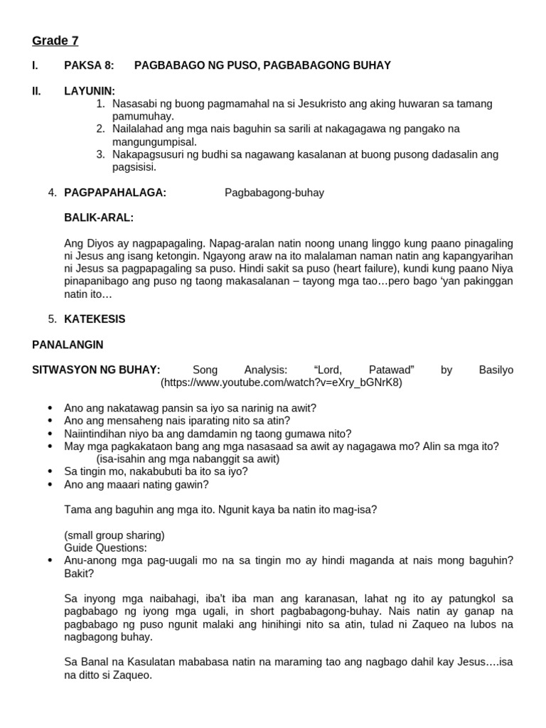 Grade 7 LP 8 Pagbabagong Puso Pagbabagong Buhay | PDF