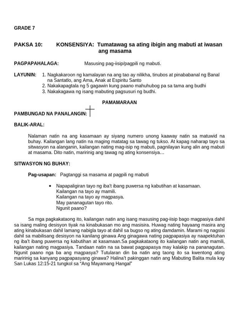 Grade 7 LP 10 Konsensiya Tumatawag Sa Ating Ibigin Ang Mabuti at Iwasan ...