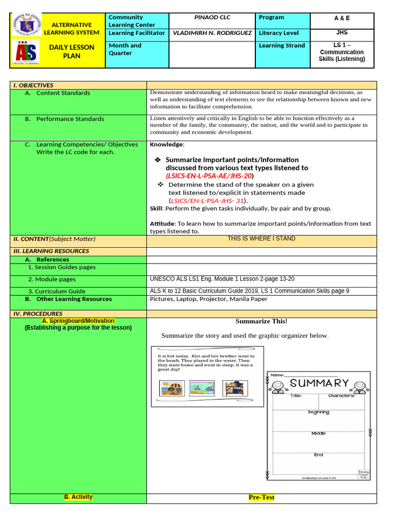LS1 Eng. DLP-JHS (Summarizing) | PDF | Learning | Reading Comprehension