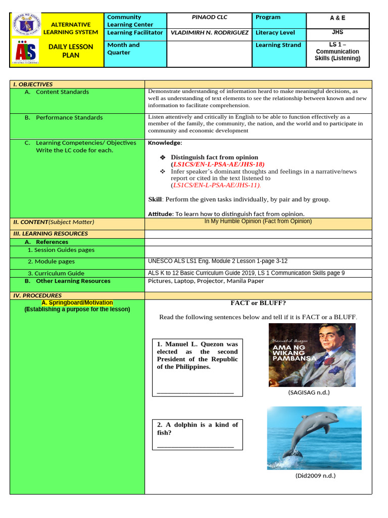 Daily Lesson Plan: Fact vs. Opinion | PDF | Learning | Inference