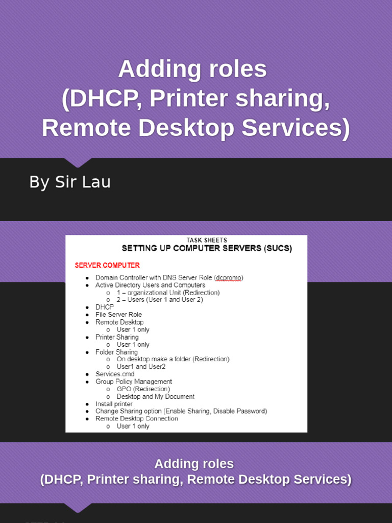 LESSON 4-1 - Adding Roles (DHCP, Printer Sharing, Remote Desktop Services) | PDF | Remote ...