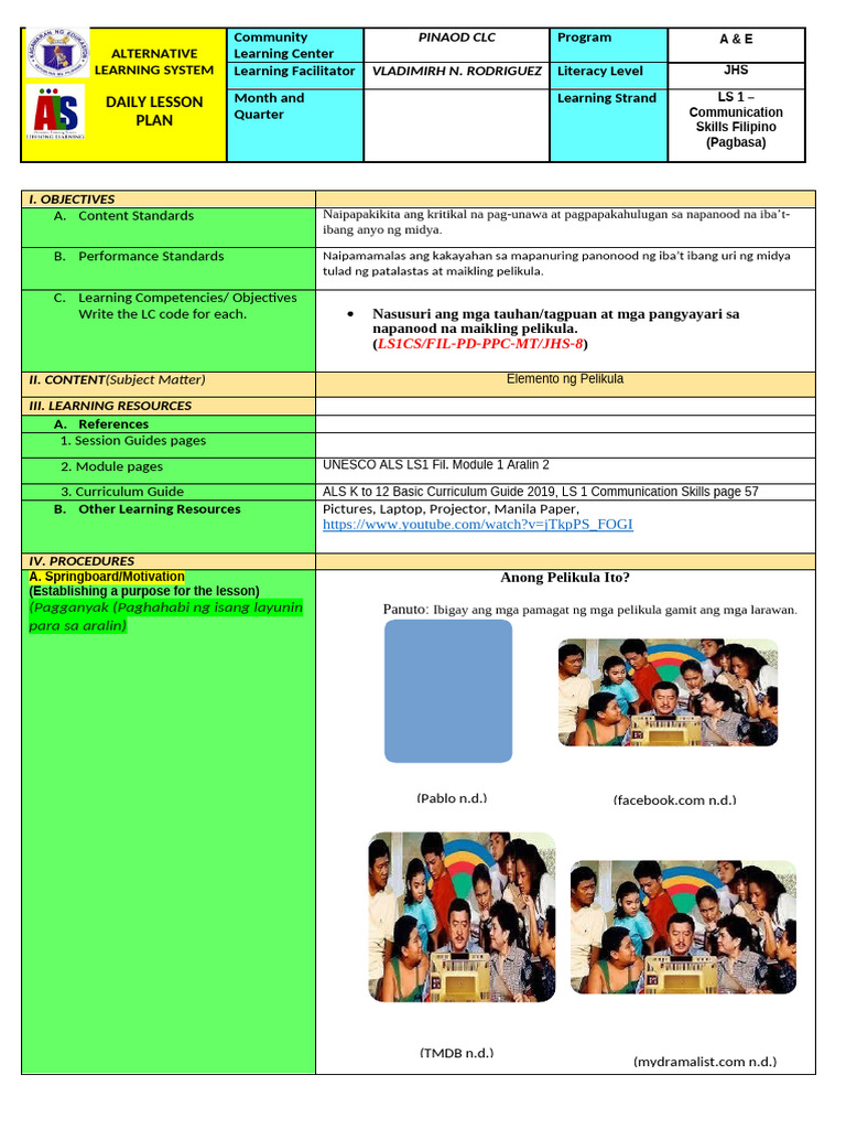 LS1 Fil. DLP-JHS (Elemento NG Pelikula) | PDF