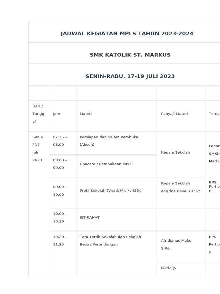 Jadwal Kegiatan Mpls Tahun 2023 Ok. | PDF