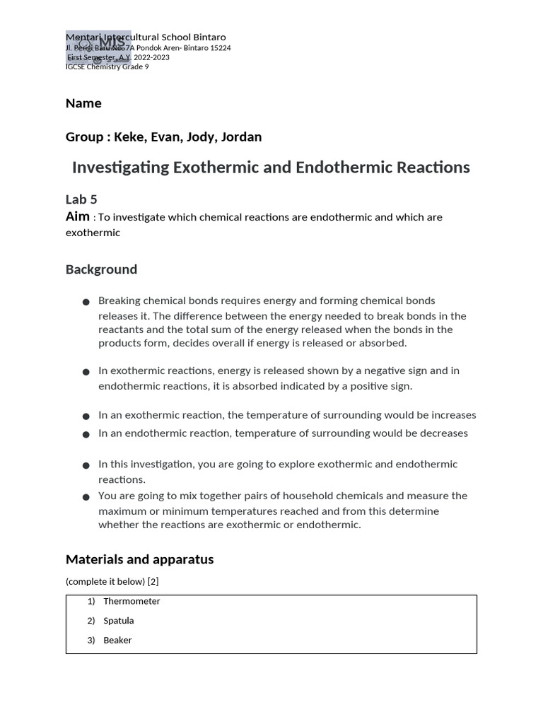 Lab 5 - Investigating Exothermic and Endothermic Reactions | PDF ...