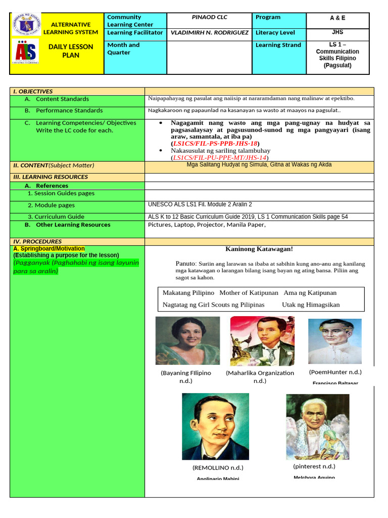 LS1 Fil. DLP-JHS (Mga Salitang Hudyat NG Simula, Gitna at Wakas NG Akda) | PDF