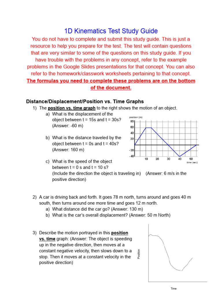 1D Kinematics Test Study Guide (Honors) | PDF | Velocity | Speed