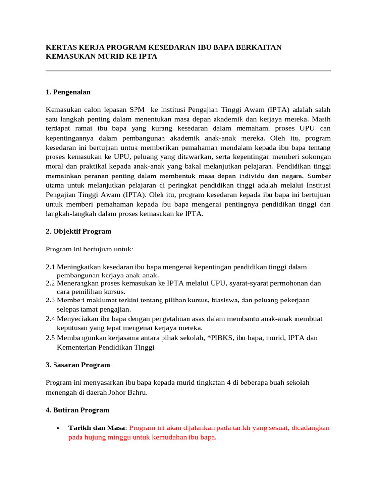 Kertas Kerja Program Kesedaran Ibu Bapa Berkaitan Kemasukan Murid Ke ...