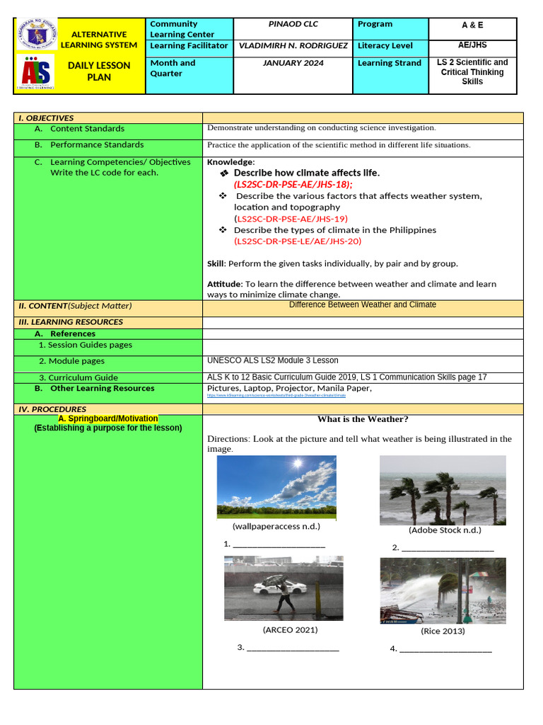 LS2 Science DLP-AE-JHS (Diff. Bet. Weather-Climate) | PDF | Atmosphere ...