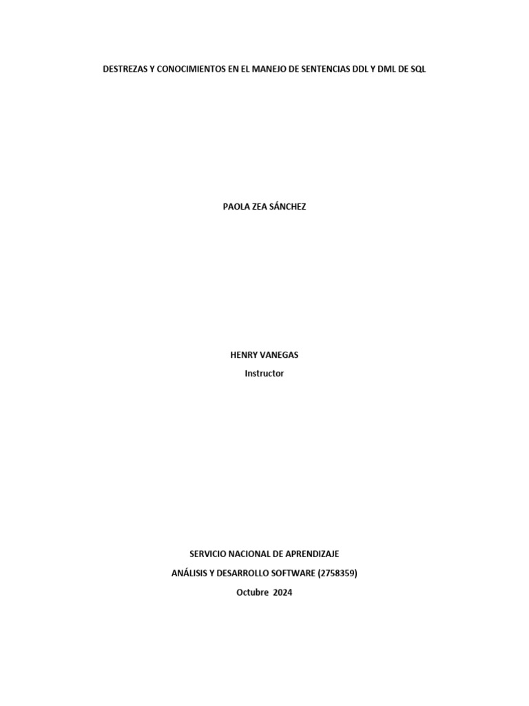Destrezas y Conocimientos en El Manejo de Sentencias DDL y DML de SQL | PDF | SQL | Bases de datos