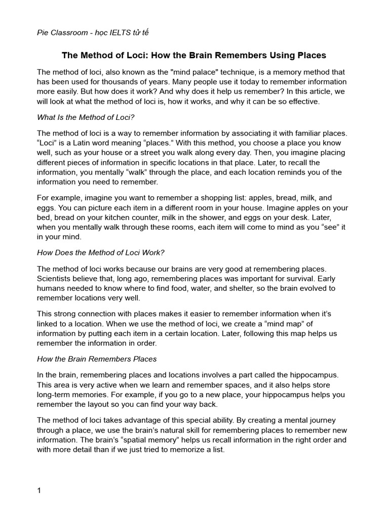 The Method of Loci - How The Brain Remembers Using Places | PDF ...