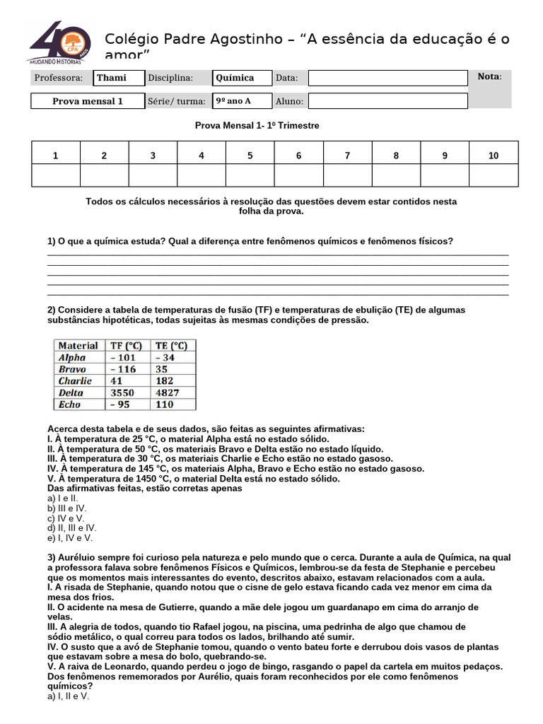 Prova Mensal 1 9A - 1o Trimestre | PDF | Temperatura | Química