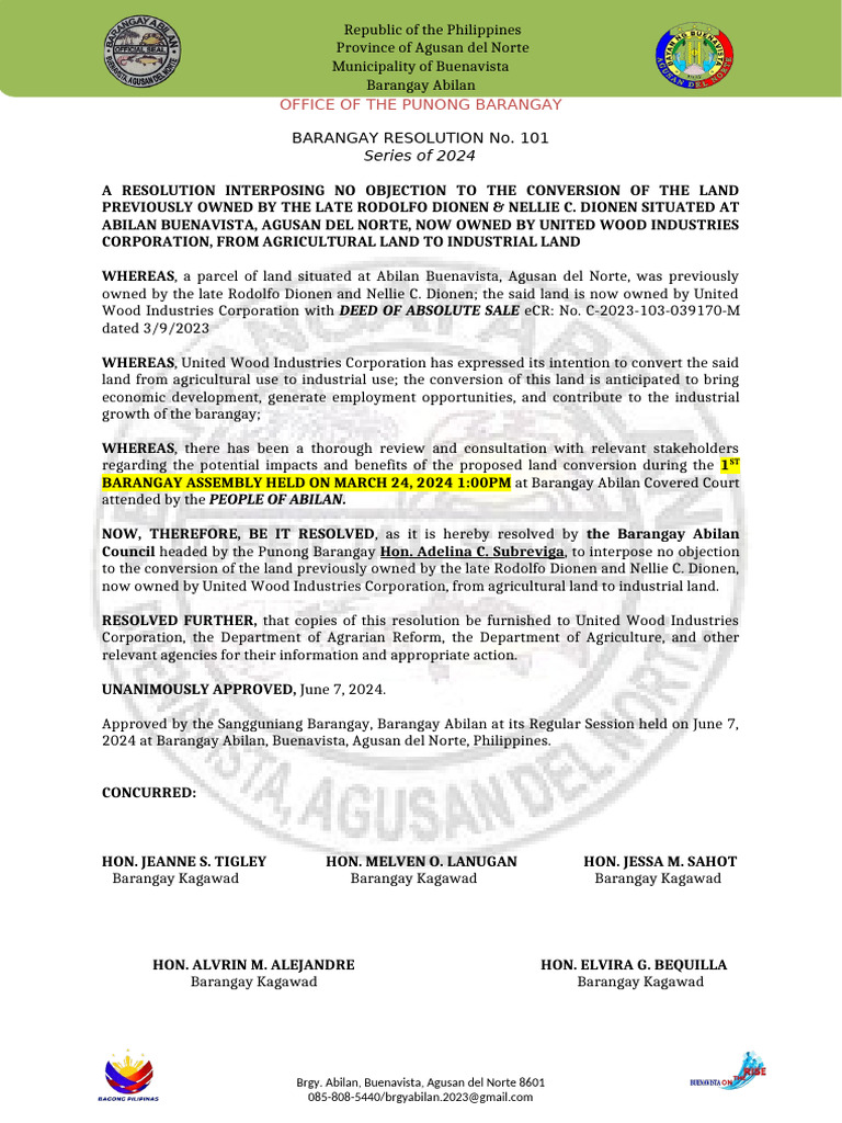 Reso No. 101 Interposing No Objection To Land Conversion | PDF