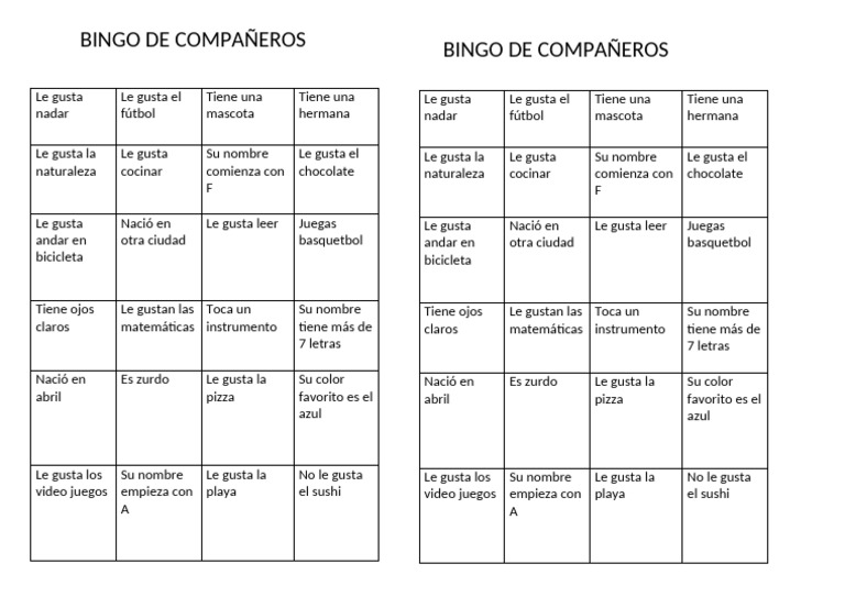 Bingo Actividad. Dia 2 | PDF