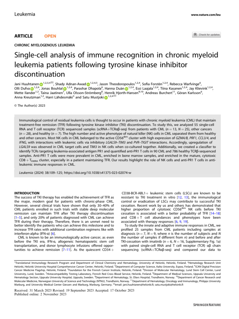 Single-cell Analysis of Immune Recognition in Chronic Myeloid Leukemia Patients Following ...