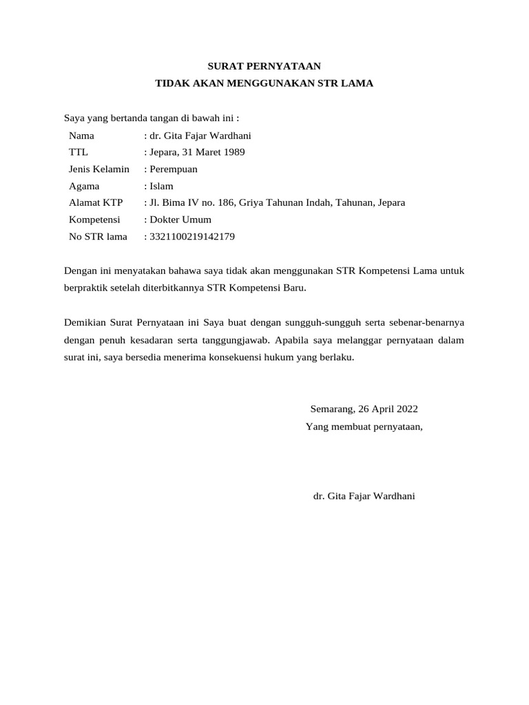 Surat Pernyataan Tidak Memakai STR Lama | PDF