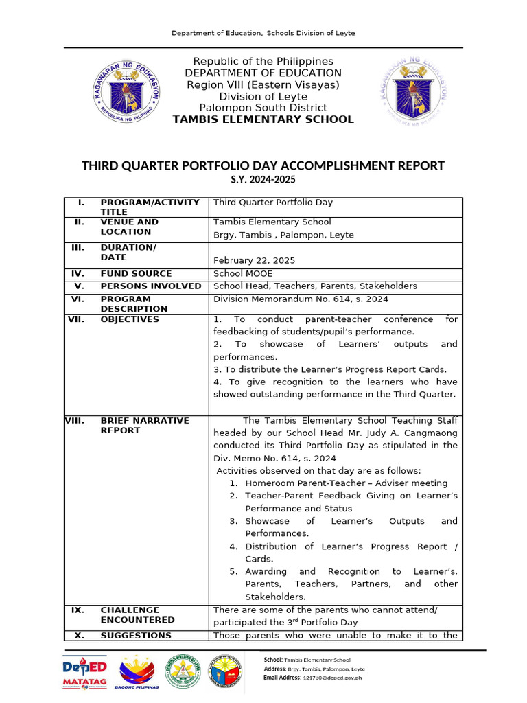 Palompon South - Tambis ES - 3rd Portfolio Day - 24-25 - ACCOMPLISHMENT ...