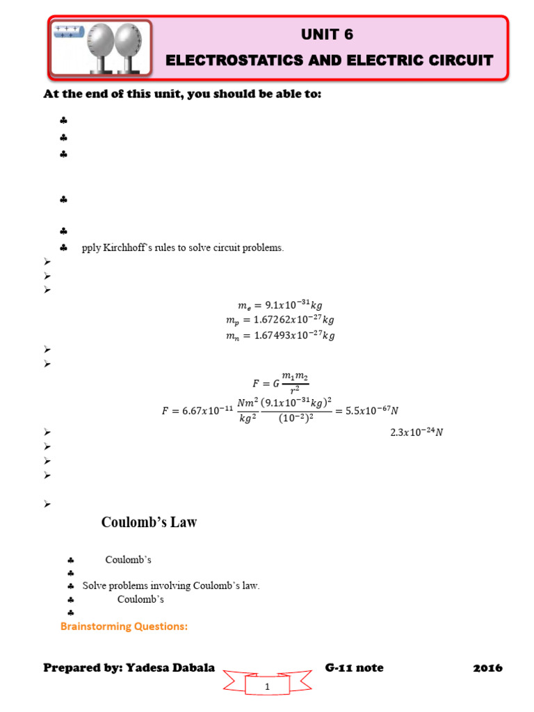 G-11 Physics U-6 Note | PDF | Electric Charge | Potential Energy