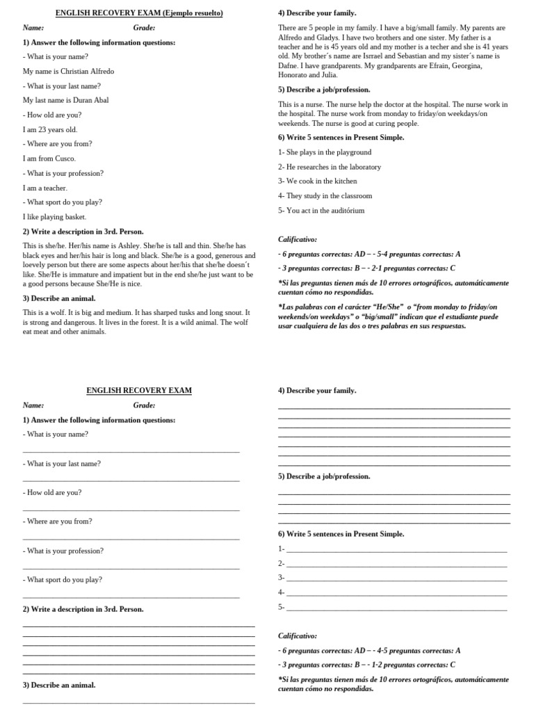English Recovery Exam Template | PDF