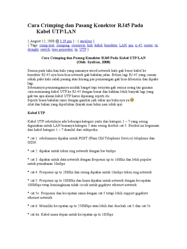 Cara Crimping Dan Pasang Konektor RJ45 Pada Kabel | PDF