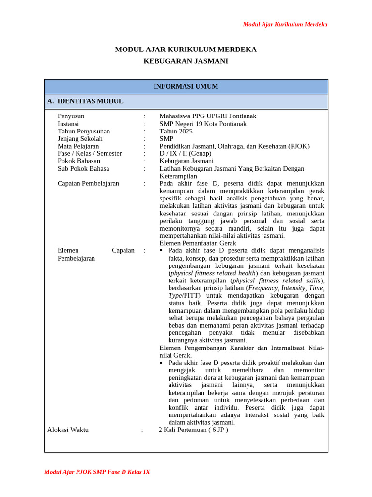 Modul Ajar 9 Kebugaran Jasmani | PDF