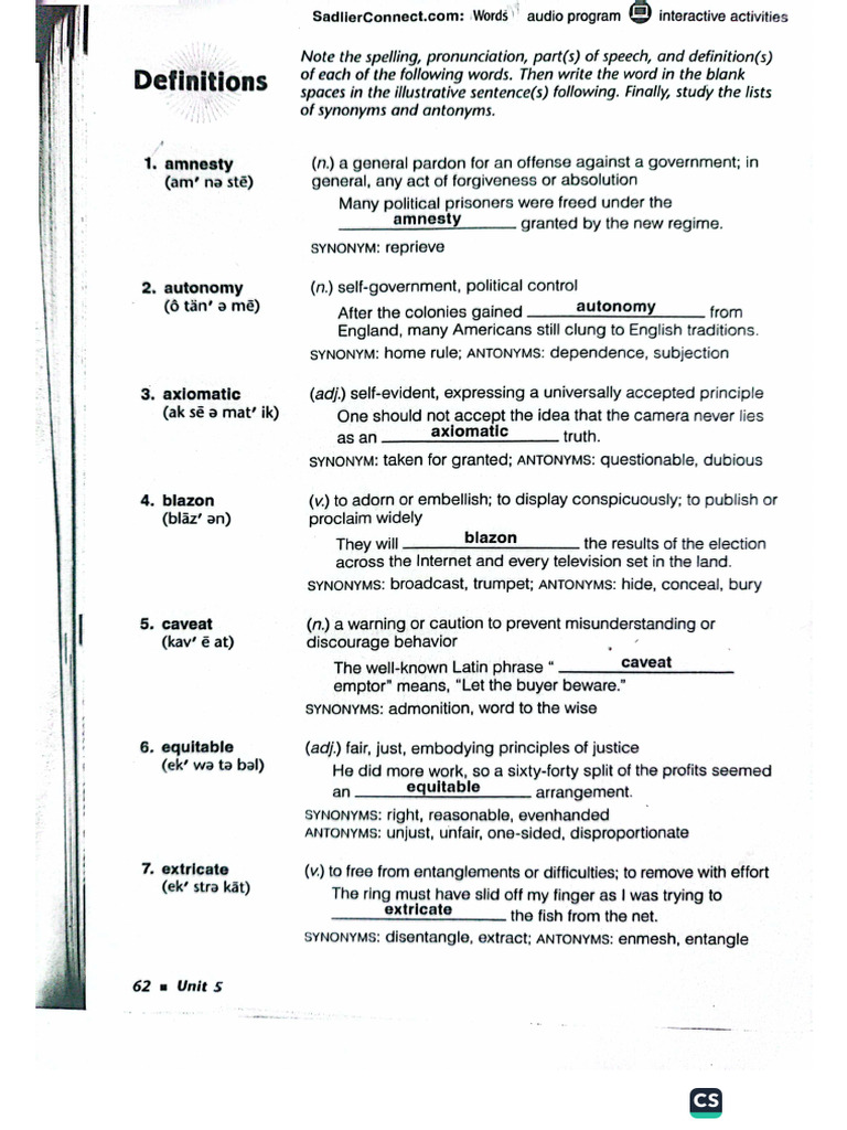 Sadlier Vocabulary Unit 5 Level F Grade 11 | PDF