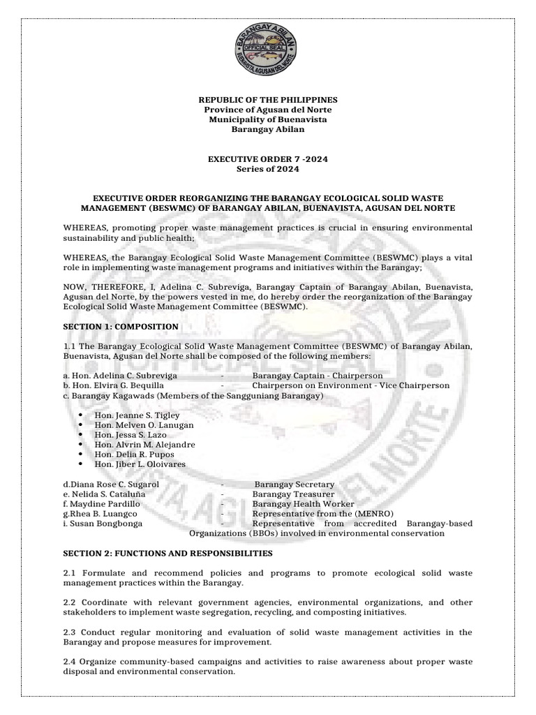 Executive Order 7 Barangay Ecological Solid Waste Management Committee ...