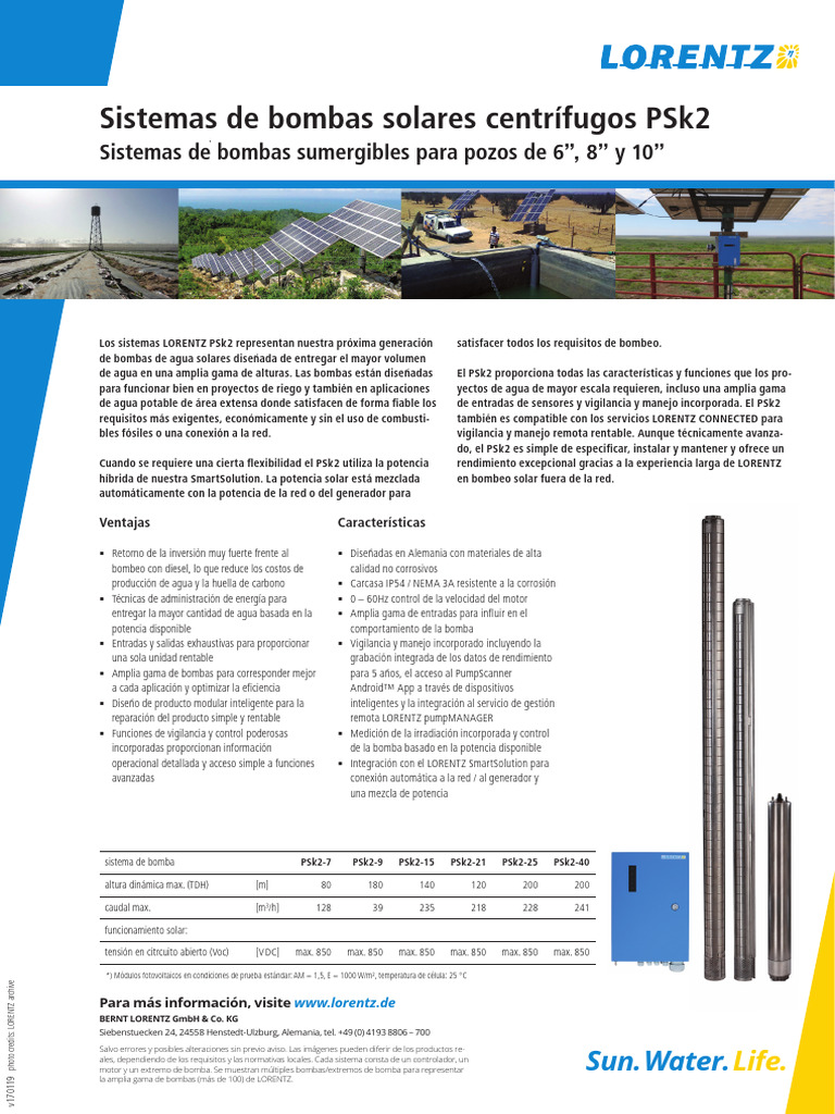 Bomba Lorentz psk2 Submersible | PDF | Agua | Poder (Física)