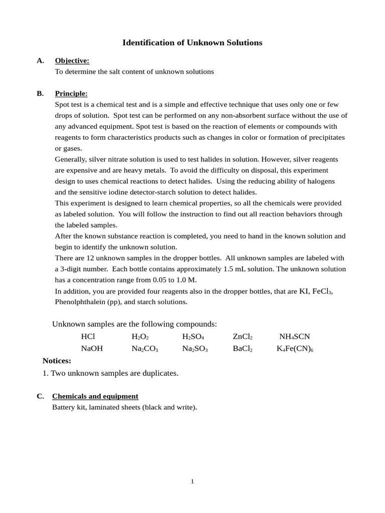 Exp 6 Identification of Unknown Solutions | PDF | Chemical Substances ...