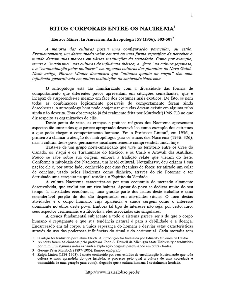 Ritos Corporais da Cultura Nacirema | PDF | Rituais | Boca