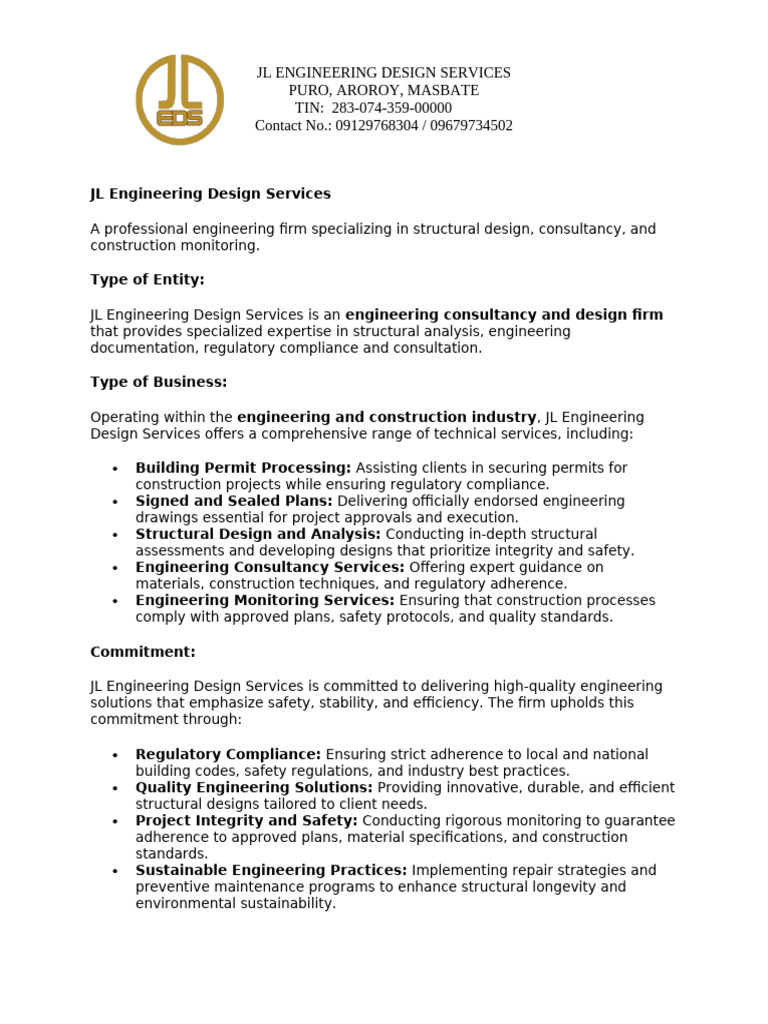 JL Engineering Design Services Overview | PDF