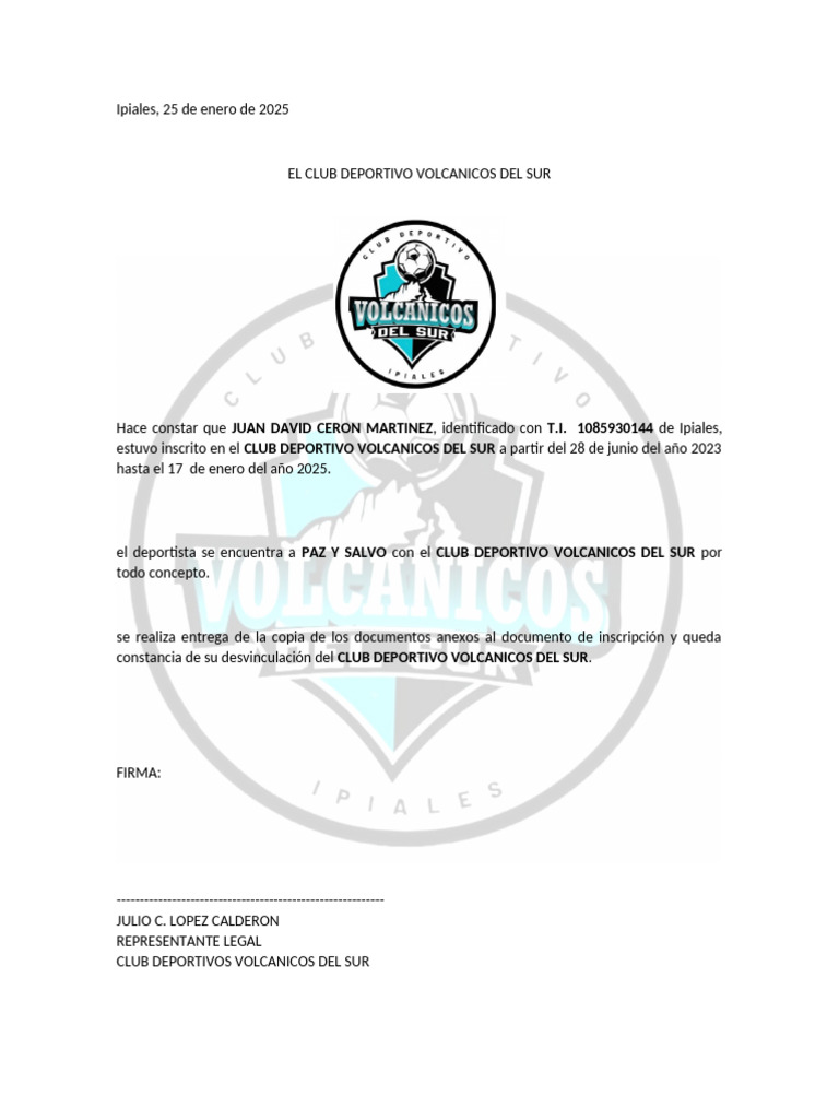 PAZ Y SALVO juan david ceron | PDF