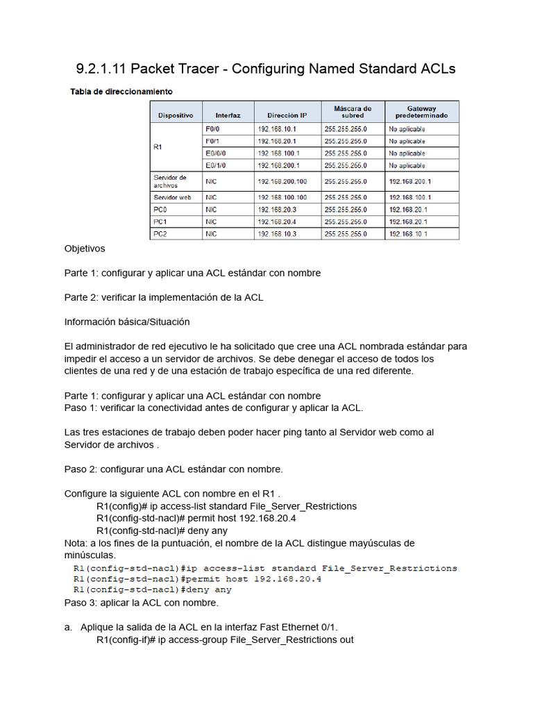 9.2.1.11 Packet Tracer - Configuring Named Standard ACLs | PDF