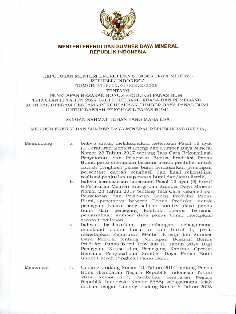 Kepmen ESDM Nomor 37 Tahun 2025 Tentang Penetapan Bonus Produksi Tahun ...