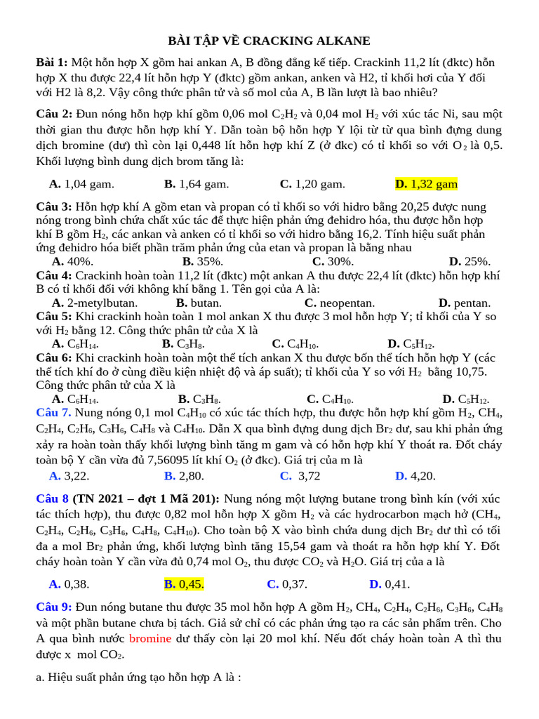 BÀI 16. BÀI TẬP CRACKING ALKANE | PDF