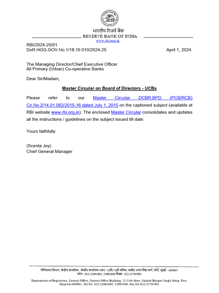 UCBs: Master Circular on Board Directors | PDF | Banks | Reserve Bank ...