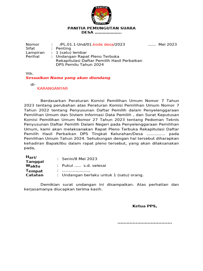 Draft Undangan Pleno DPSHP 8 mei | PDF