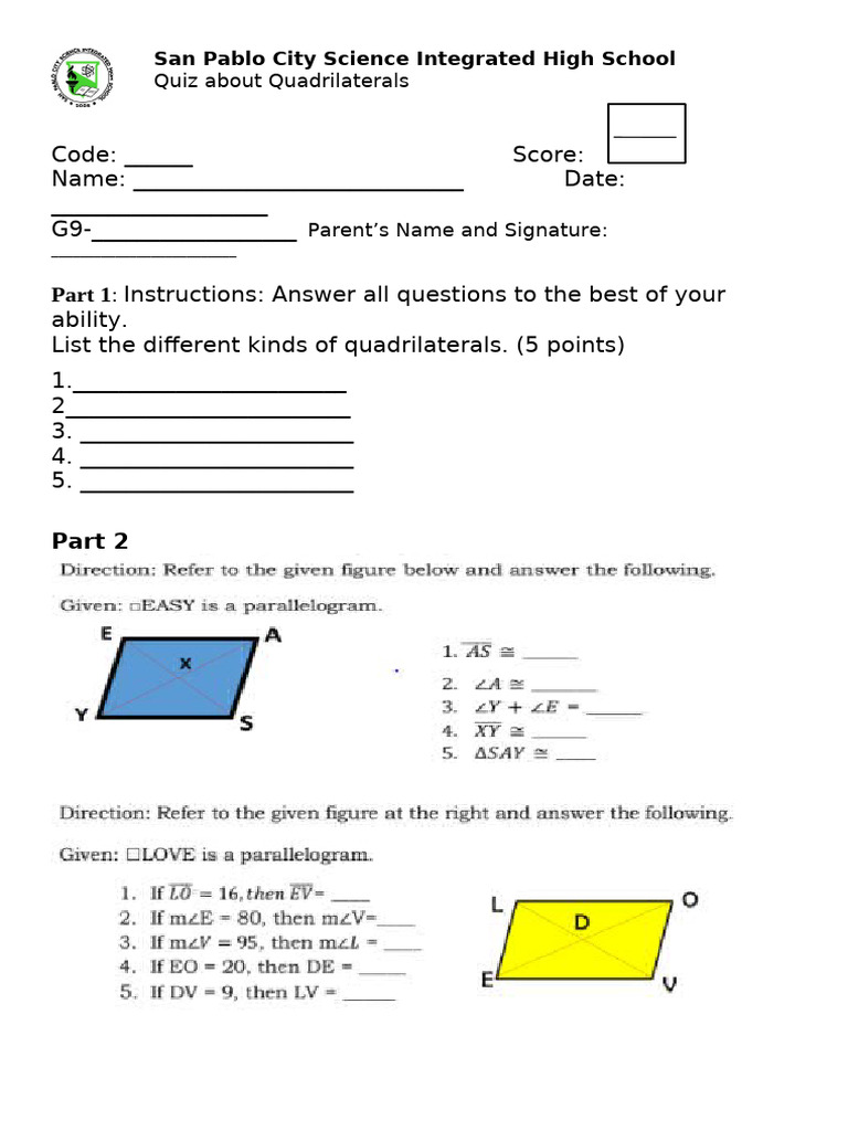 Quadrilateral Quiz for High School Students | PDF