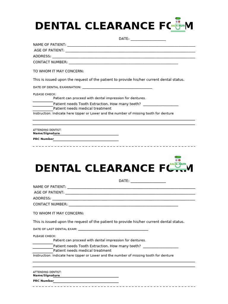 Dental Clearance Form | PDF
