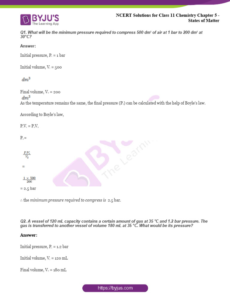 NCERT Class 11 Chemistry Solutions | PDF | Gases | Mole (Unit)