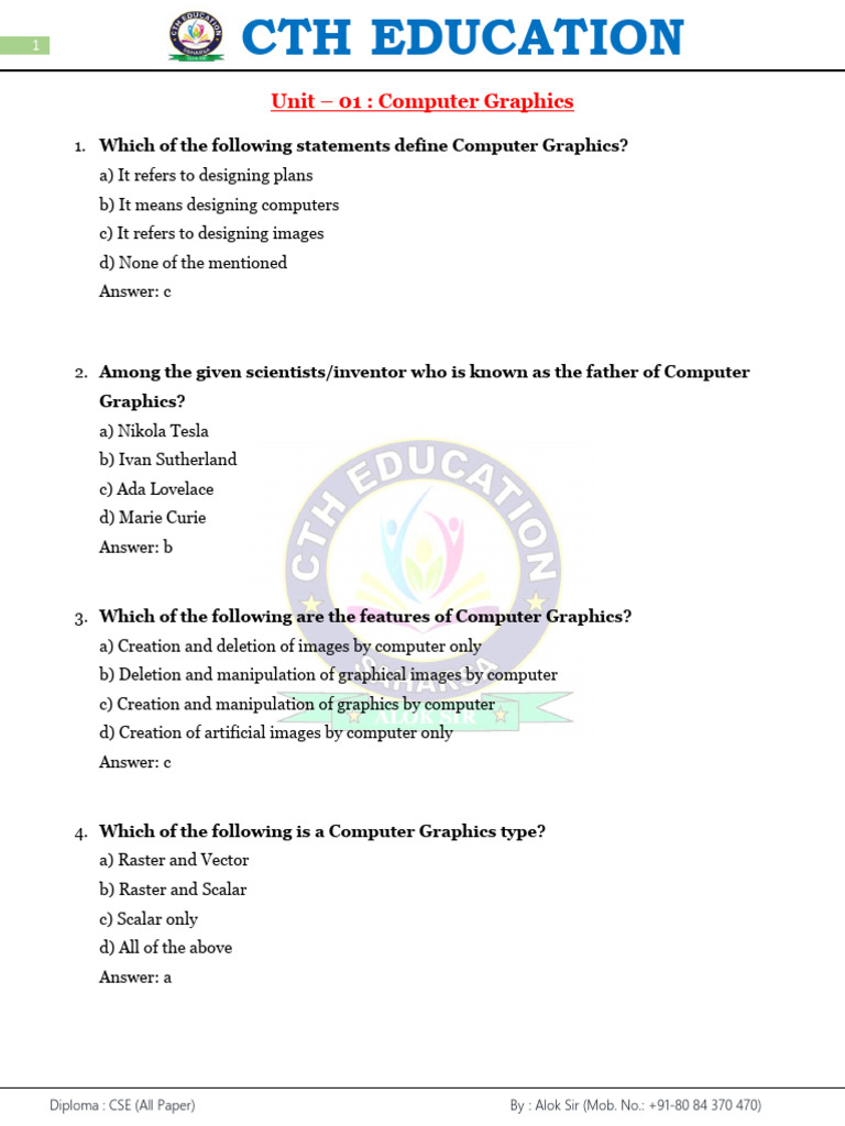 Computer Graphics Basics Quiz | PDF | Computer Graphics | Input/Output