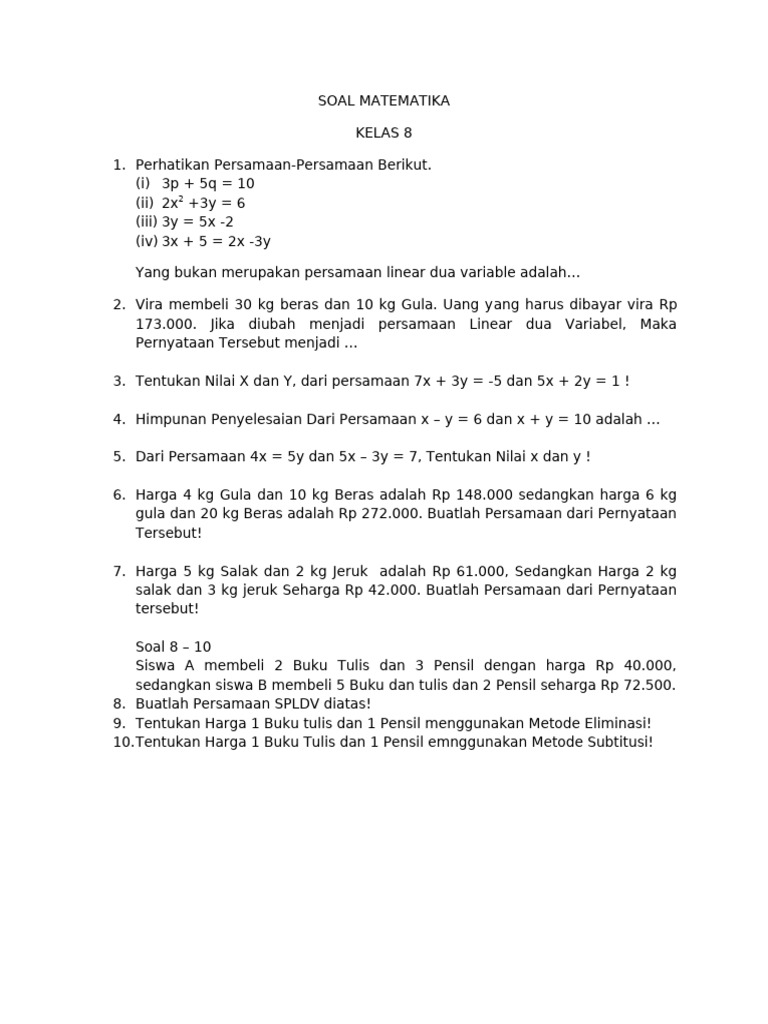 SOAL MATEMATIKA Kelas 8 | PDF