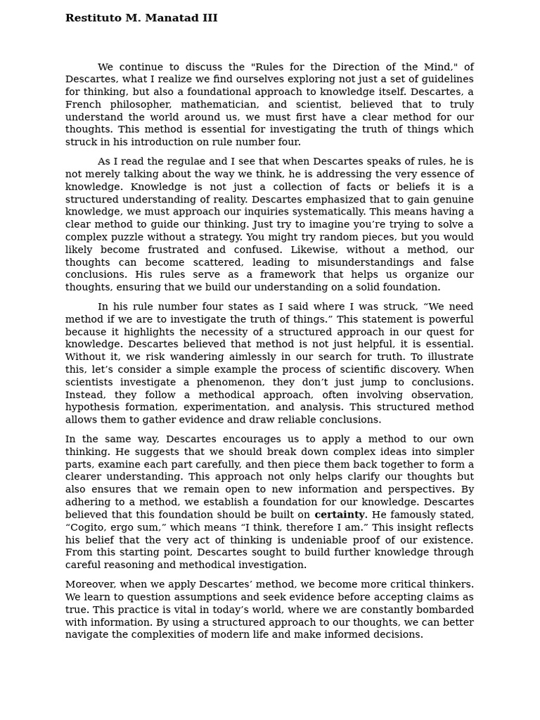 Descartes' Method for Knowledge Clarity | PDF | René Descartes | Thought